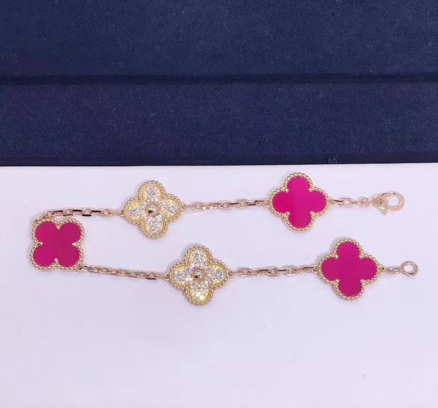Van Cleef & Arpels Vintage Alhambra bracelet 5 motifs Diamond Pink Opal ...